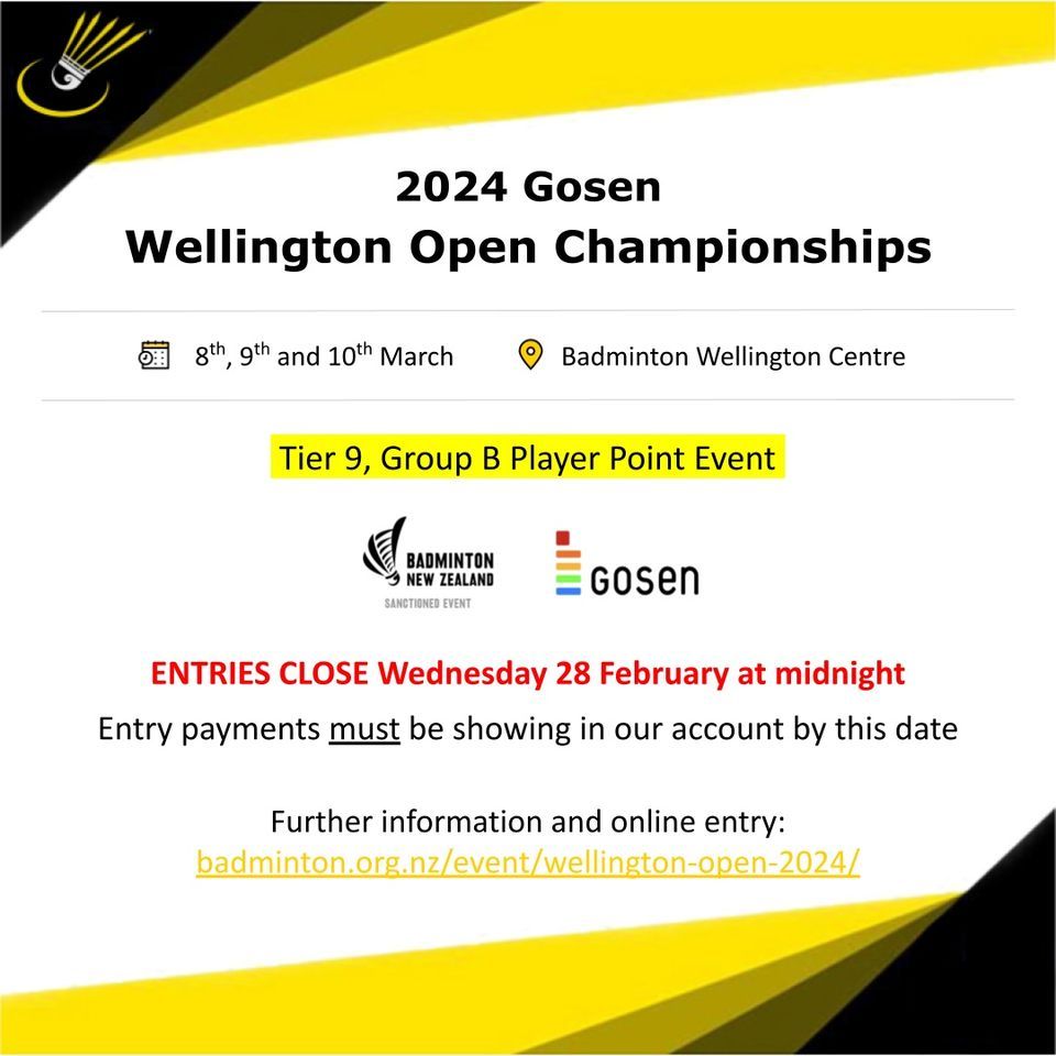 GOSEN Wellington Open 2024, 1 Ruahine Street, Wellington, New Zealand, 8 March to 10 March