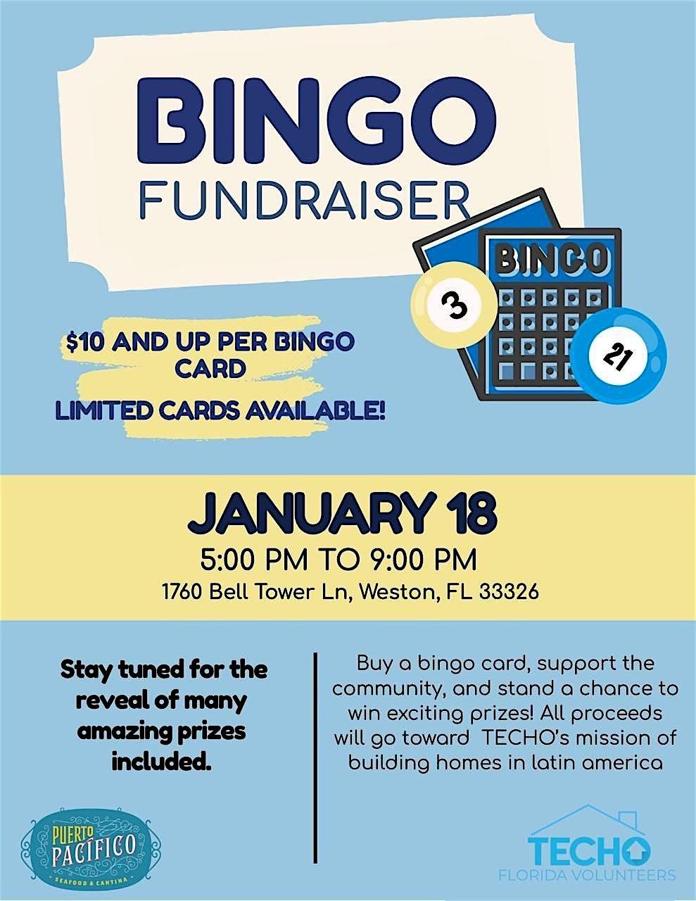 Techo Bingo Fundraiser, 1760 Bell Tower Ln, Weston, 18 January 2026