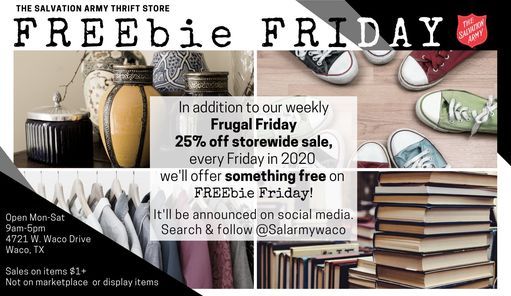 FREEbie Friday Thrift Store Sale, The Salvation Army Waco, 14 May 2021