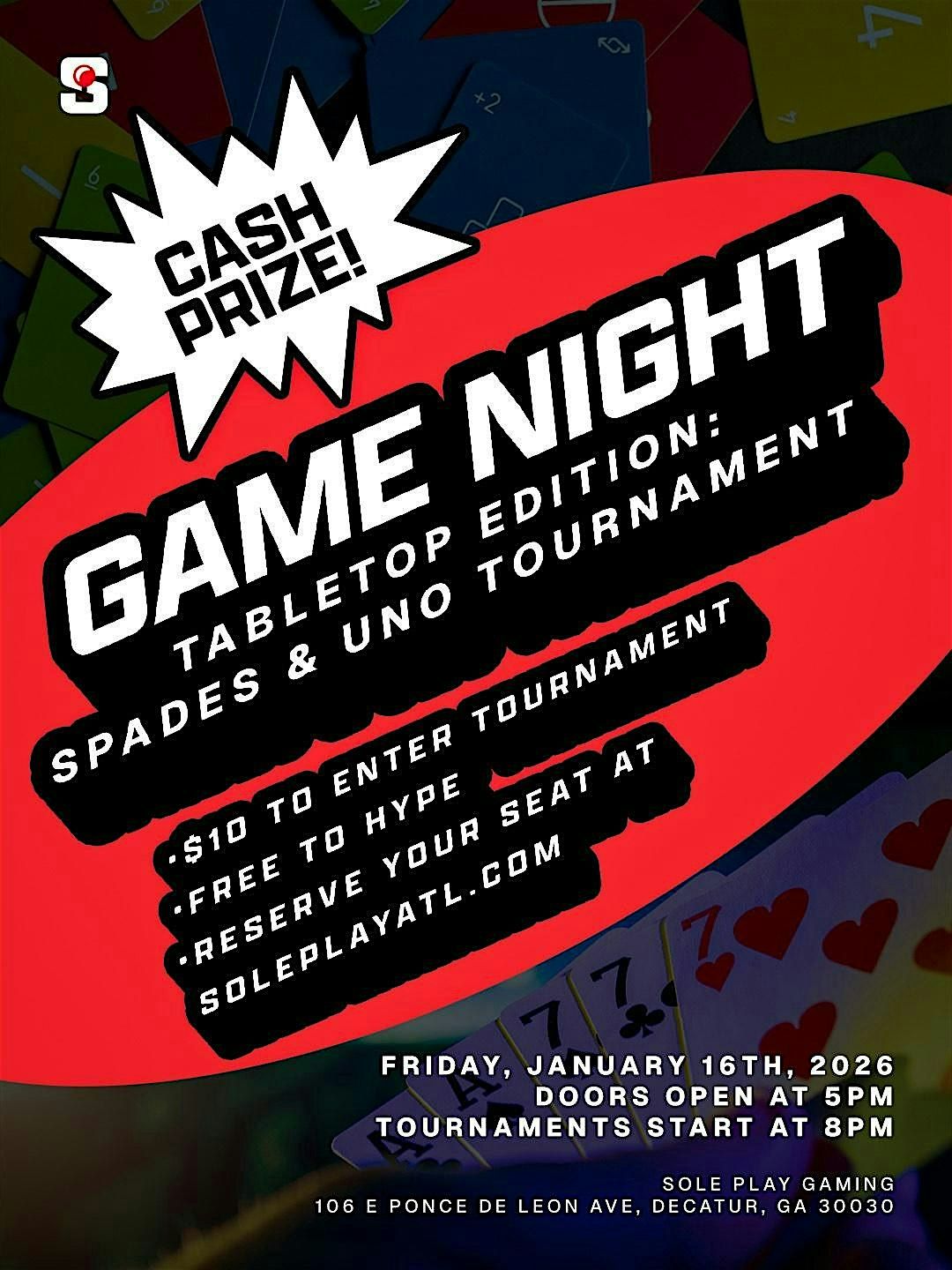 Sole Play Game Night, 106 E Ponce de Leon Ave, Decatur, 16 January 2026