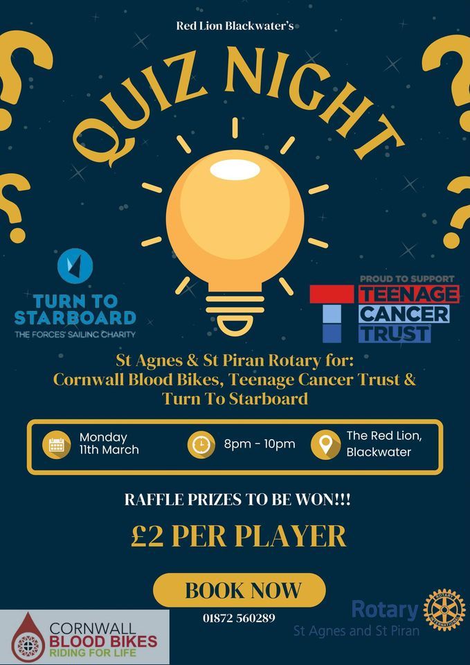 Rotary Charity Quiz Night, The Red Lion Blackwater, Truro, 11 March 2024