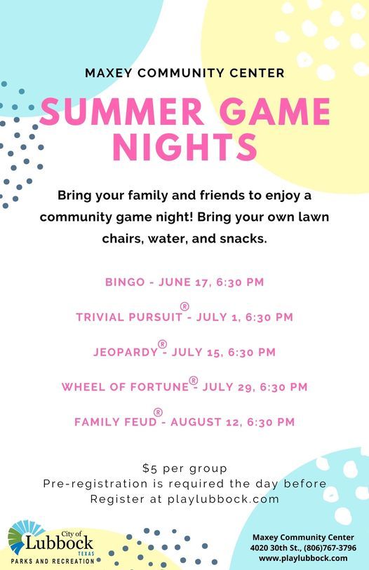 Summer Game Nights - Wheel Of Fortune, Maxey Community Center, Lubbock ...