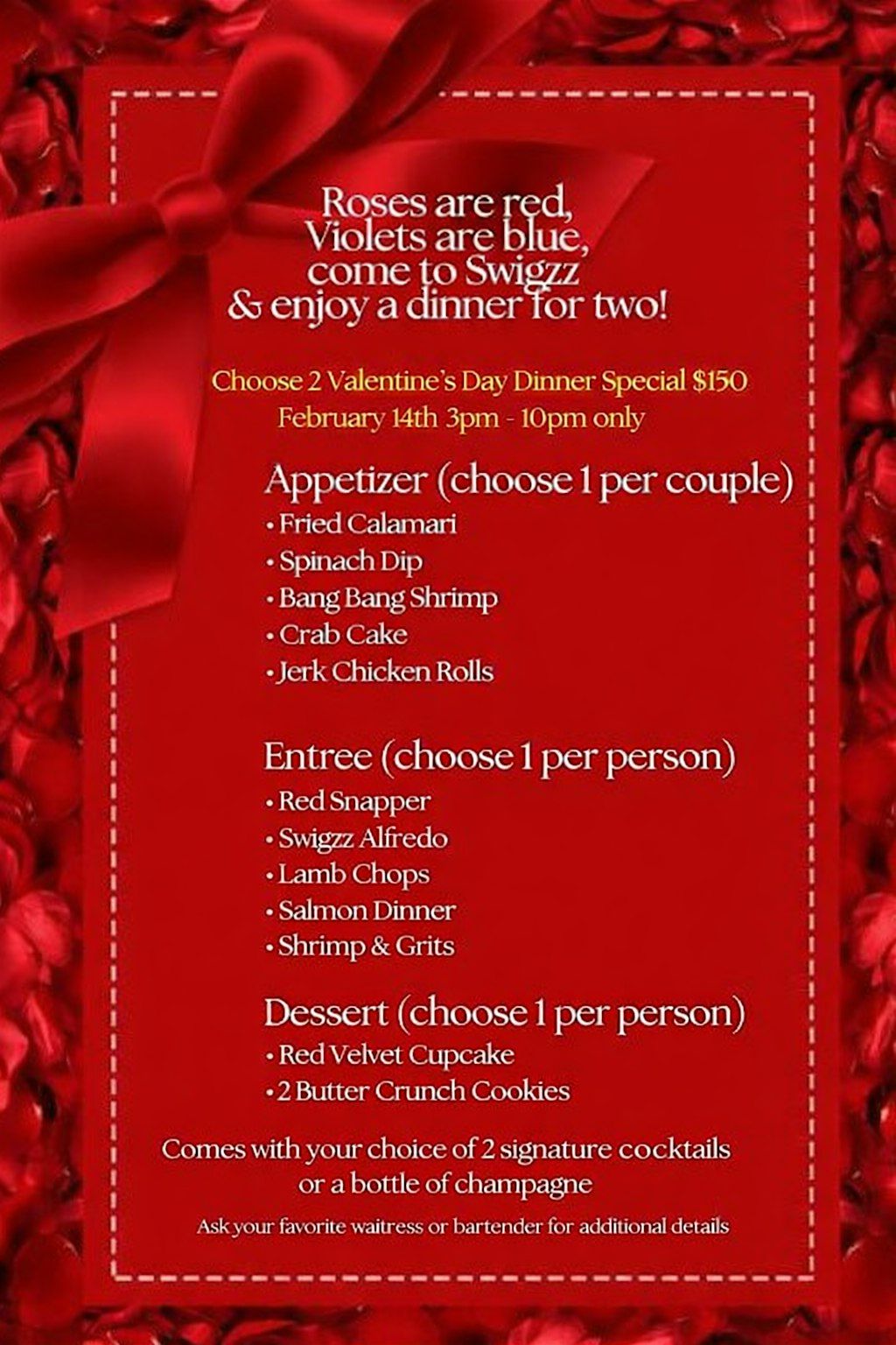 Valentines Day Dinner for 2 at Swigzz, Swigzz Restaurant & Lounge ...