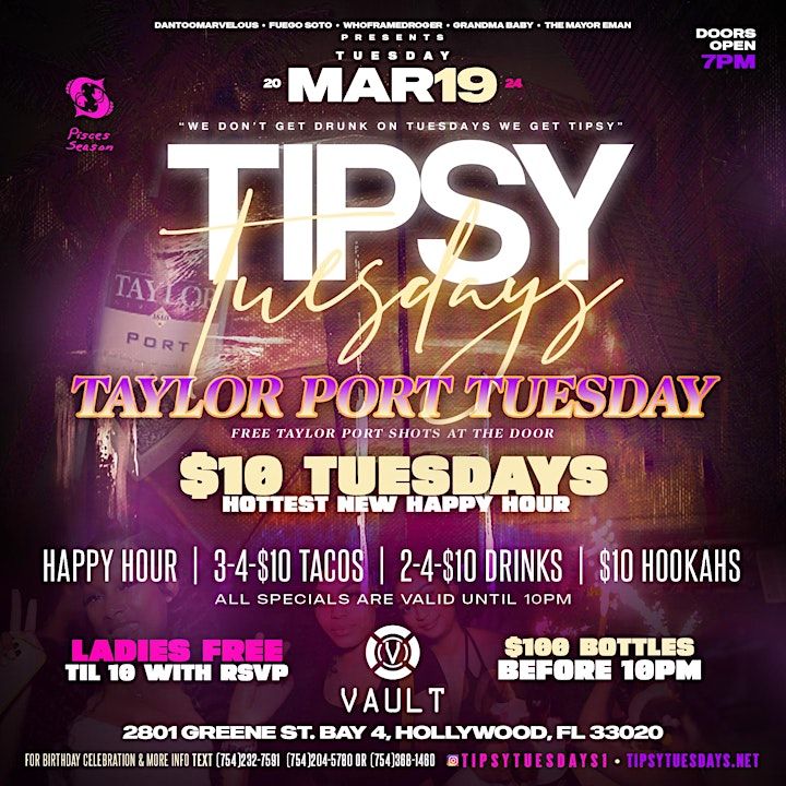 Tipsy Tuesdays, Club Vault, Hollywood, 19 March to 20 March