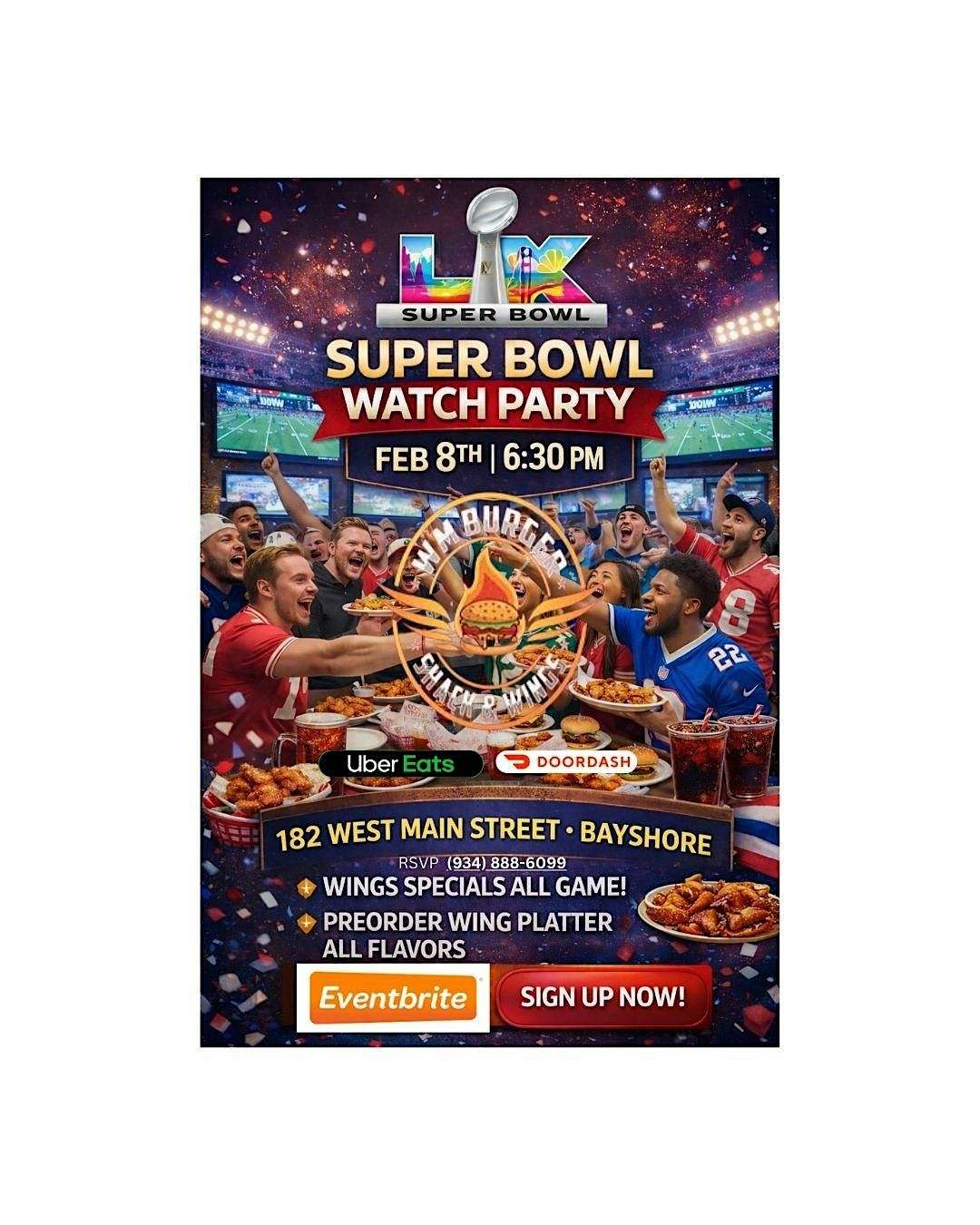 SUPER BOWL 2026 WATCH PARTY @ WM BURGER SHACK & WINGS, 182 W Main St ...