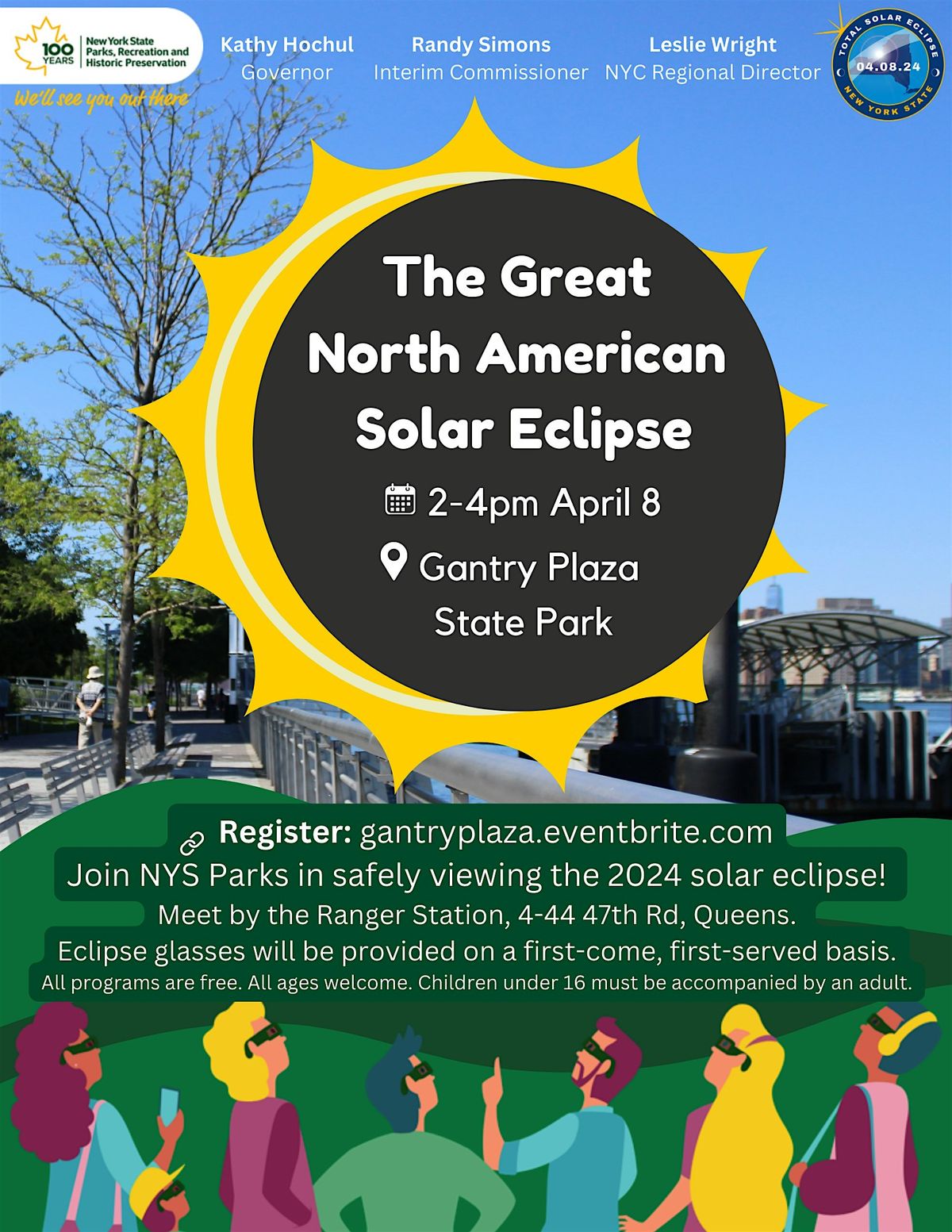 Solar Eclipse Viewing Party, Gantry Plaza State Park, Queens, 8 April 2024