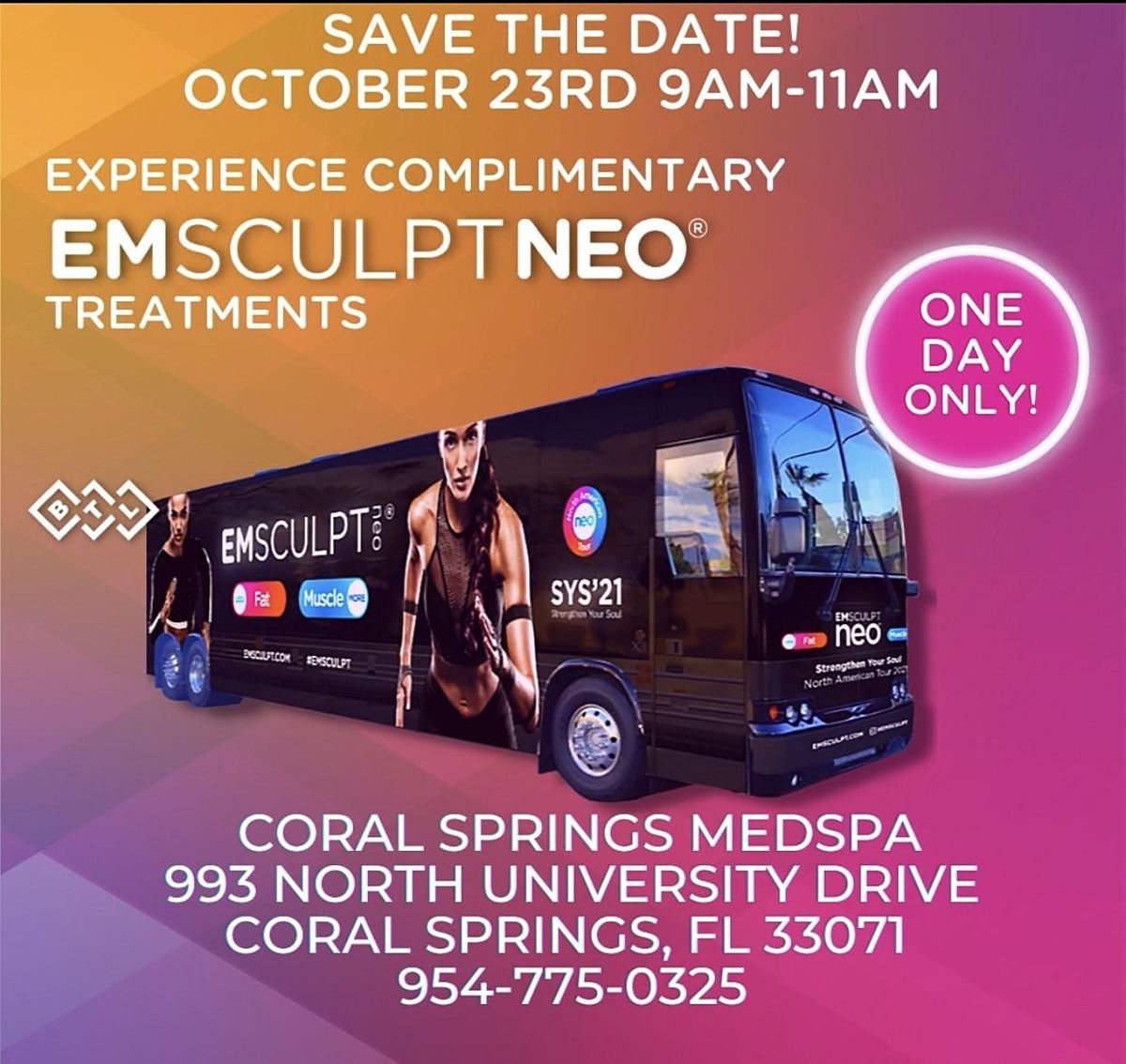 Emsculpt NEO bus tour, 993 N University Dr, Coral Springs, 23 October 2021