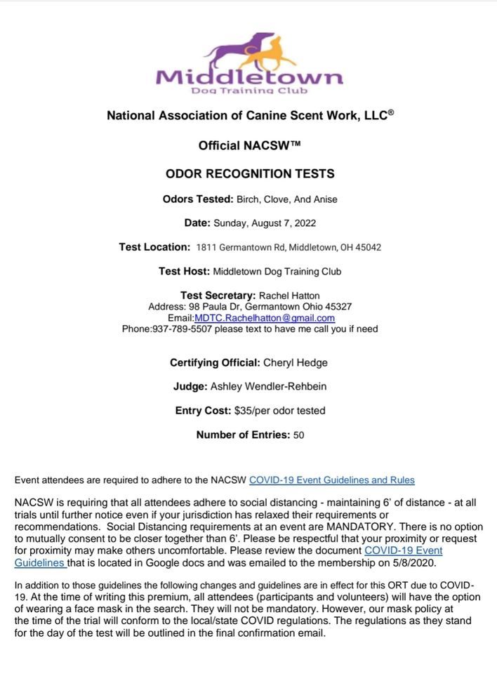Official NACSW Ordor Recognition test, Middletown Dog Training Club, 7 ...