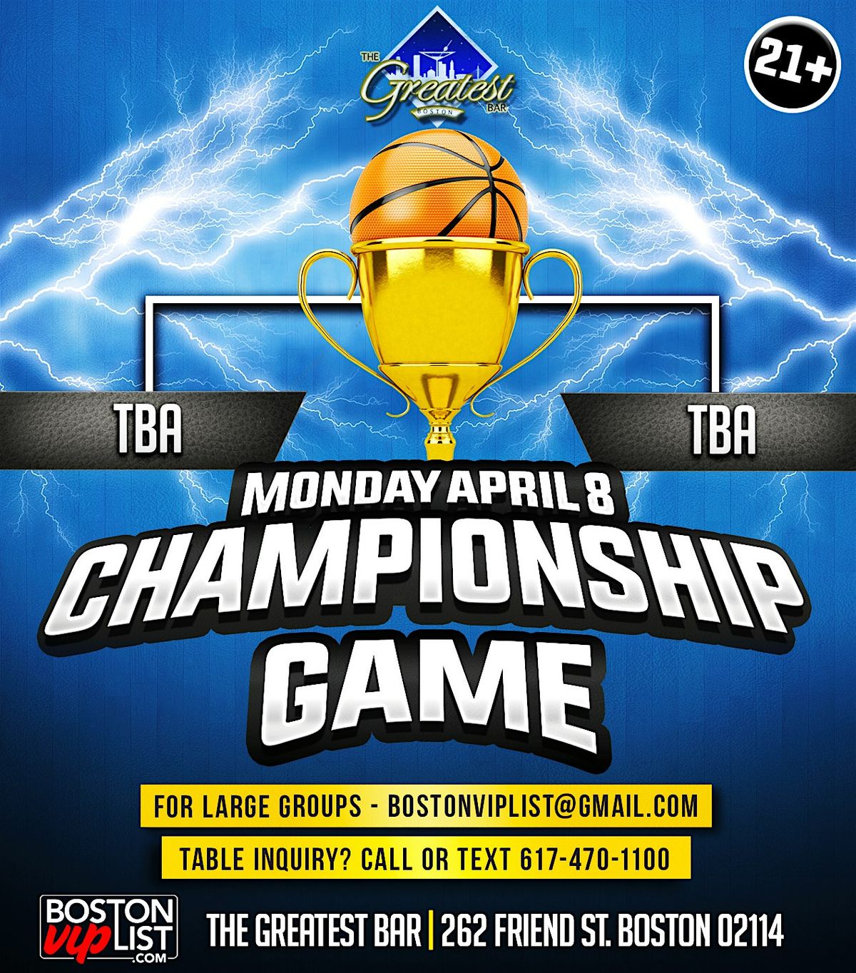 College Basketball Championship Game, The Greatest Bar, Boston, 8 April ...