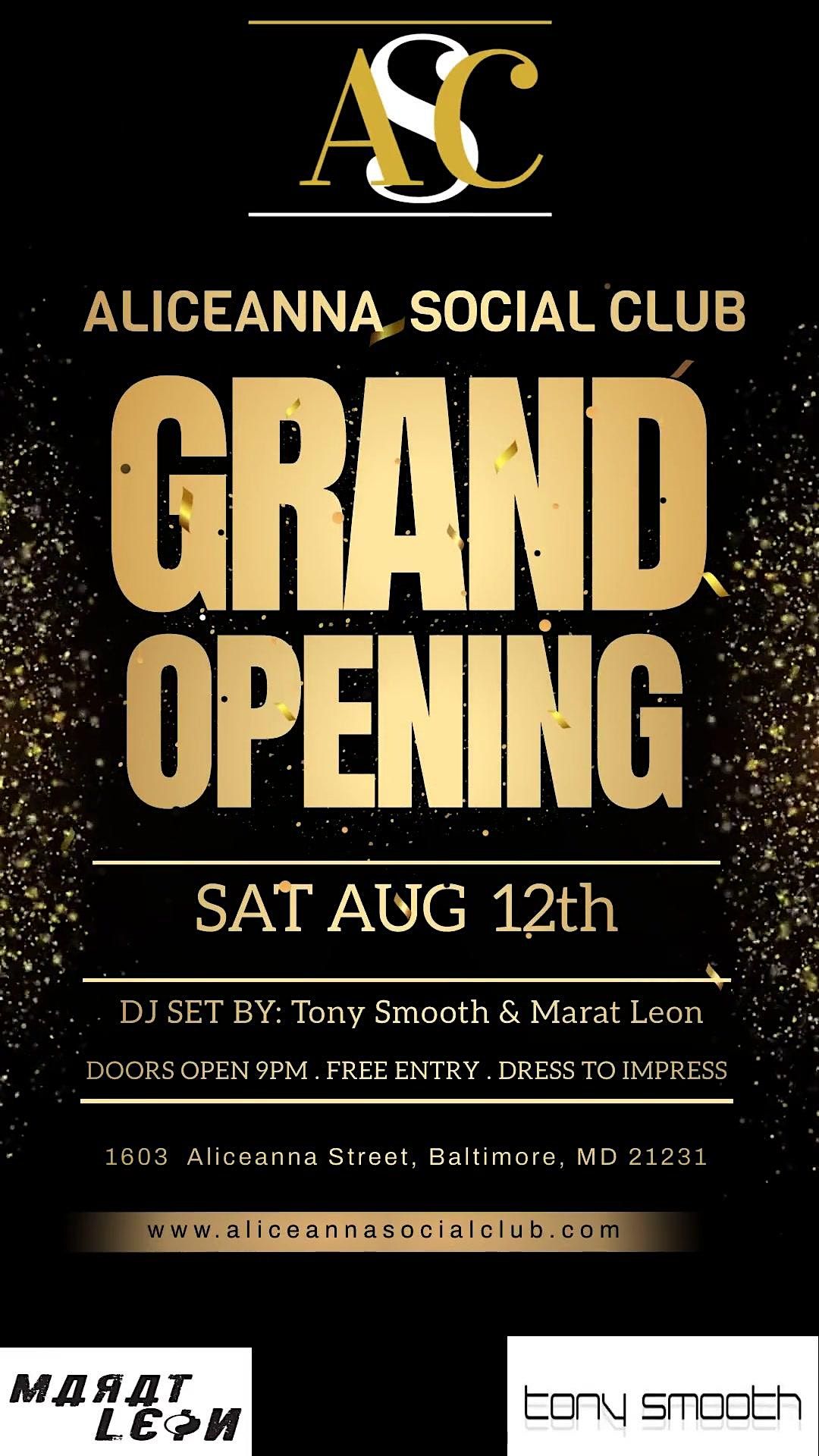 Aliceanna Social Club: Grand Opening, 1603 Aliceanna St, Baltimore, 12 August to 13 August