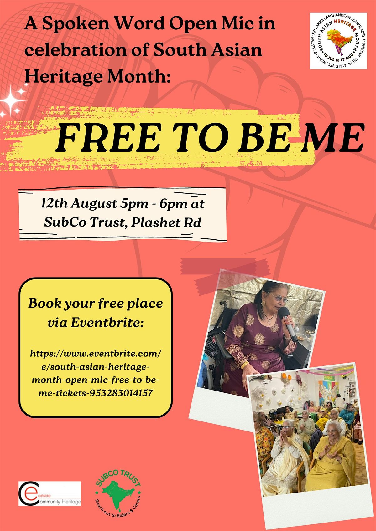 South Asian Heritage Month Spoken Word Open Mic: FREE TO BE ME, SubCo ...