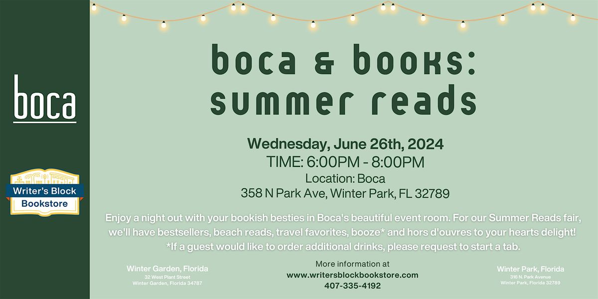 Boca & Books: Summer Reads, Boca, Winter Park, 26 June 2024