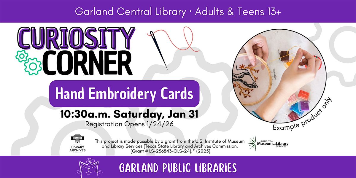 Makerspace: Hand Embroidery Cards, Garland Central Library, 31 January 2026