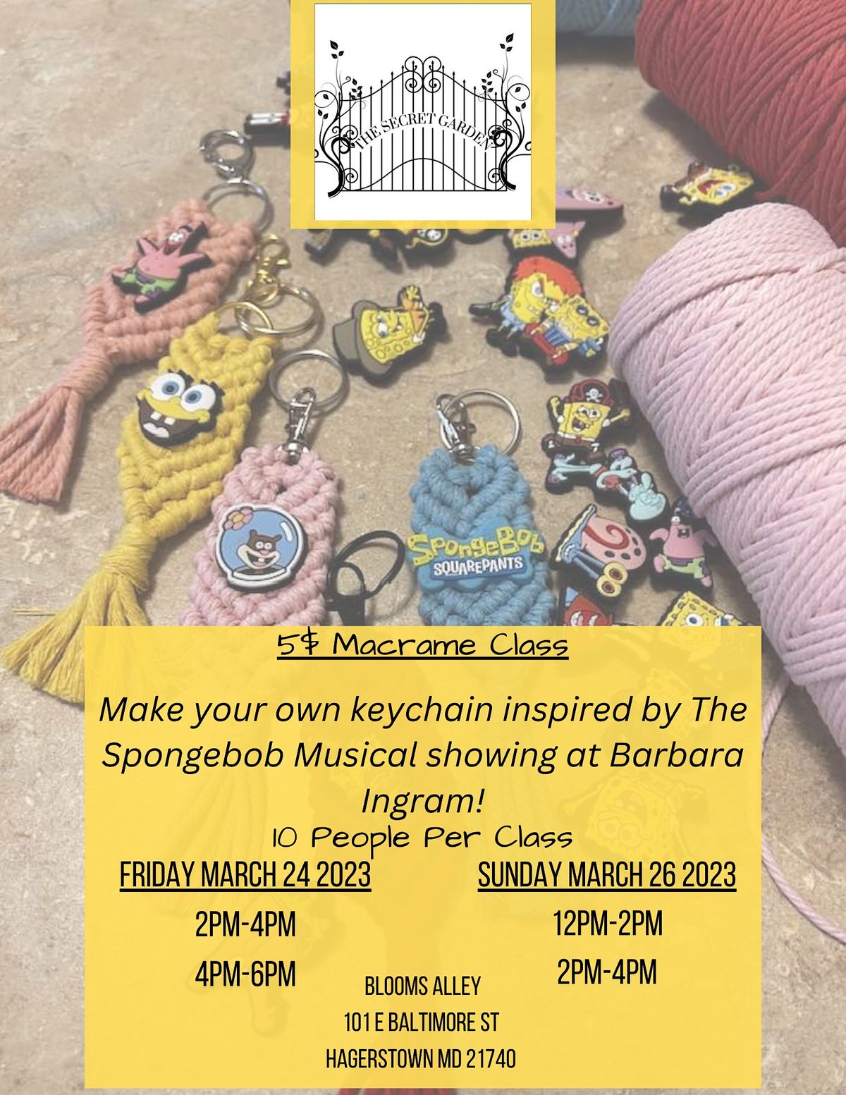 Spongebob Macrame Key Chain Class, Bloom's Alley, Hagerstown, 24 March 2023