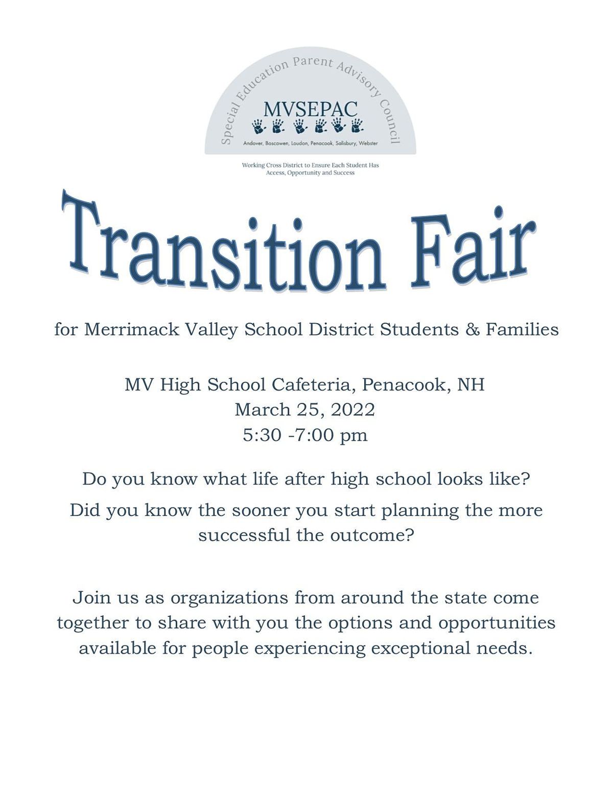 MV SEPAC Transition Fair, Merrimack Valley High School, Concord, 25 ...