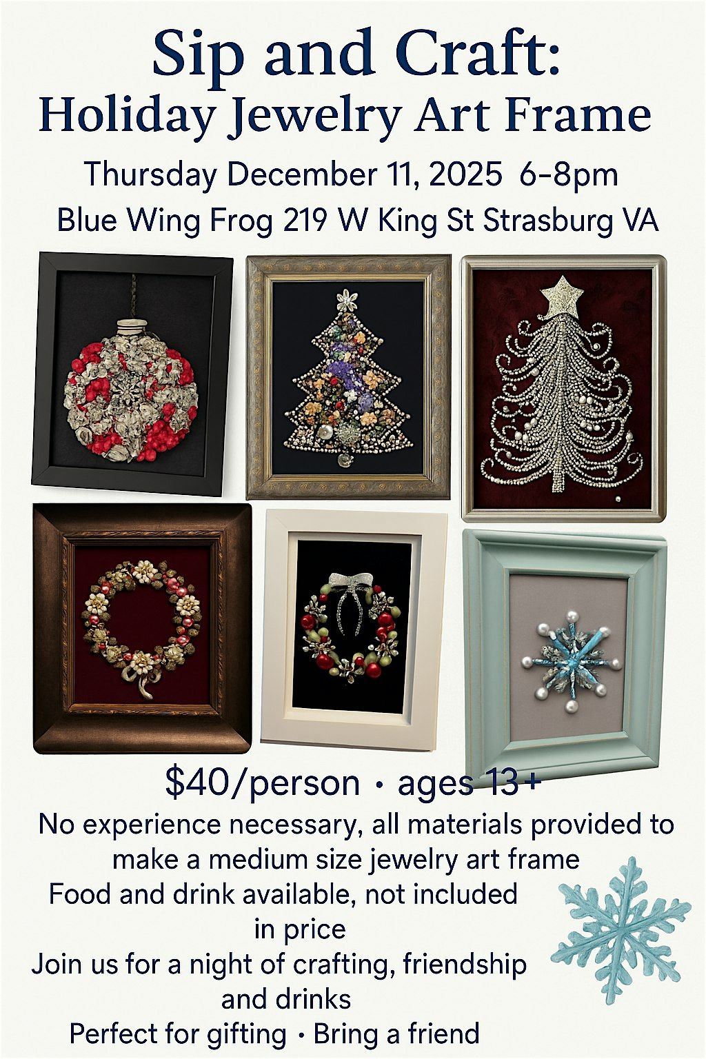 Sip and Craft: Holiday Jewelry Art Frame, Blue Wing Frog, Strasburg, 11 ...