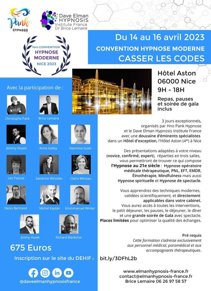 Convention Hypnose Moderne 2023 : Casser les Codes, Hôtel Aston La Scala, Nice, 14 April 2023