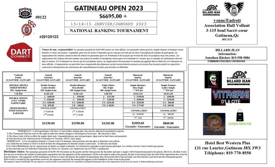 Gatineau Open Dart Tournament 2023, Association Athlétique et sociale ...