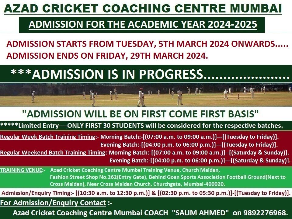 AZAD CRICKET COACHING CENTRE MUMBAI ADMISSION FOR THE ACADEMIC YEAR ...
