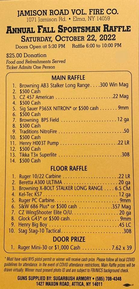 2022 Fall Sportsman Raffle, Jamison Road Vol. Fire Co., Elma, 22 ...